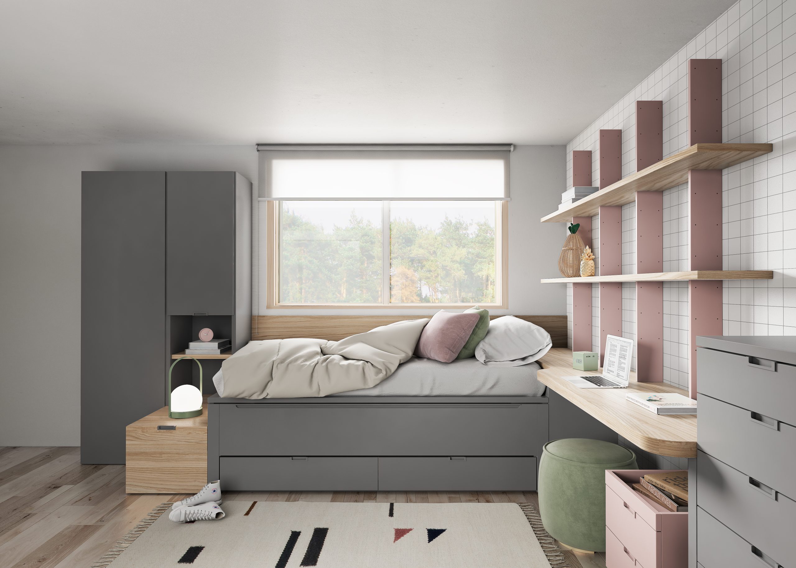 YOUTH BEDROOM WITH TWO BEDS AND ADJUSTABLE SHELVES - Kubbiko