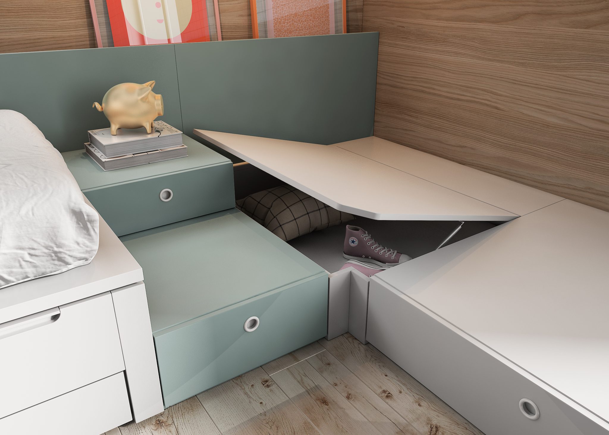 CHILDREN'S ROOM WITH TWO BEDS AND A SLIDING TRUNDLE BED - Kubbiko