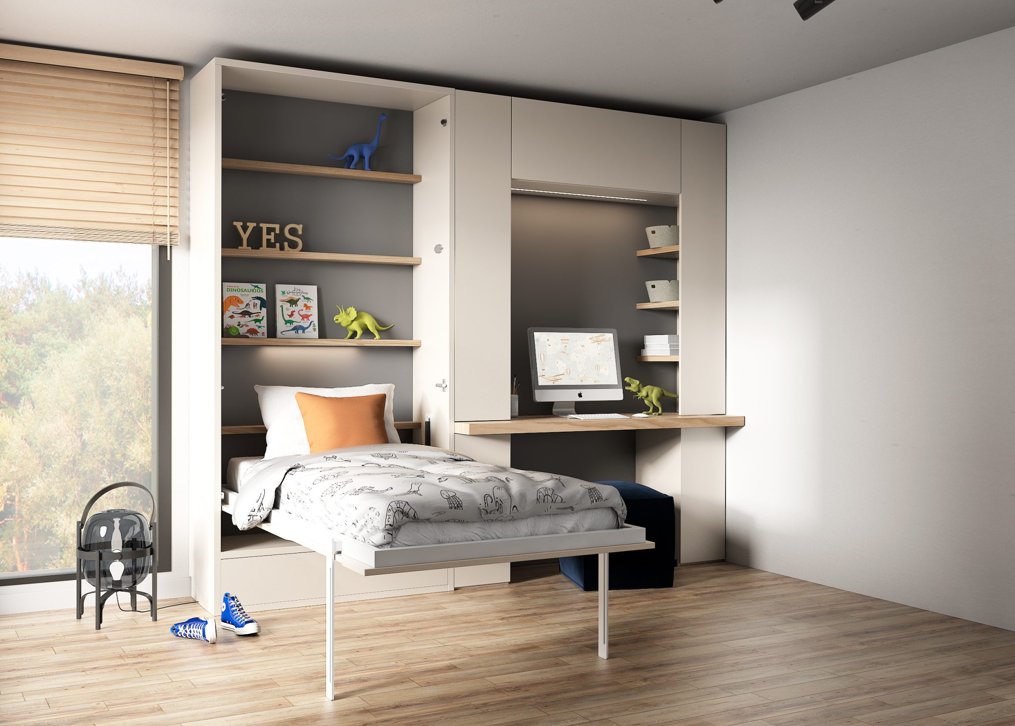 VERTICAL WALL BED AND A DESK WITH SHELVES - Kubbiko